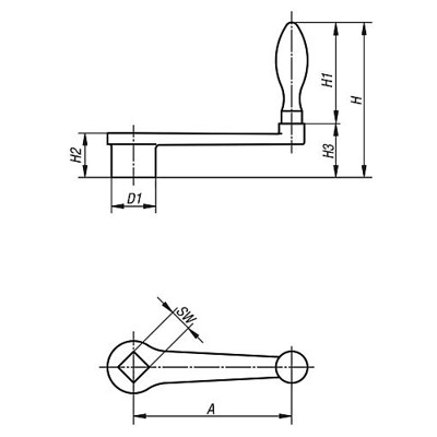 KIPP - HANDKURBEL GERADE ÄHNLICH DIN469, INNENVIERKANT SW=14+0,3, A=125, H=120, FORM:F MIT ...